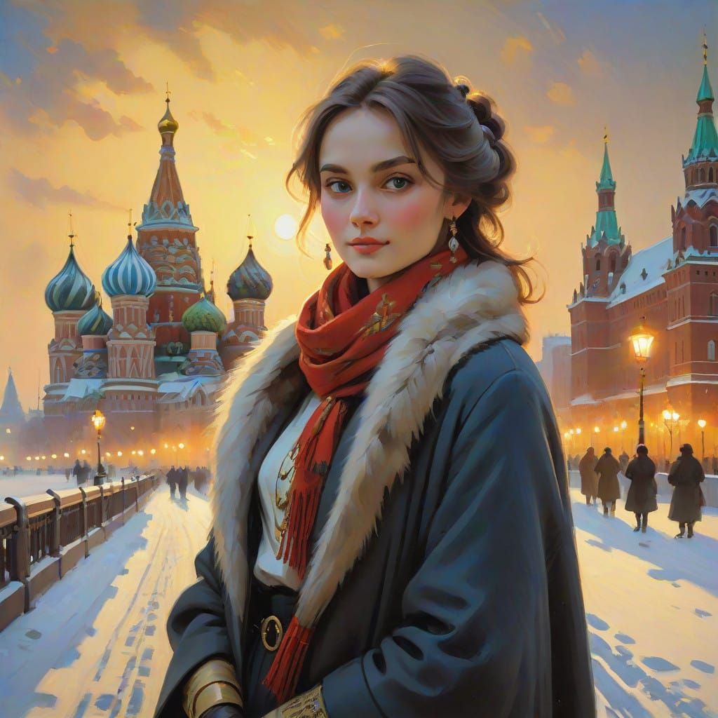 Elegant Russian Lady in Moscow Cityscape at Dusk - AI Art