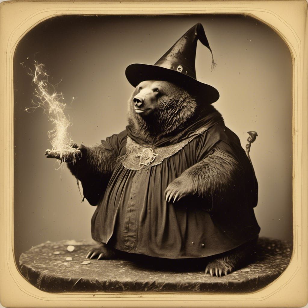 Microphotograph Portrait: "Obese Wizard Bear", wearing a witch-hat ...