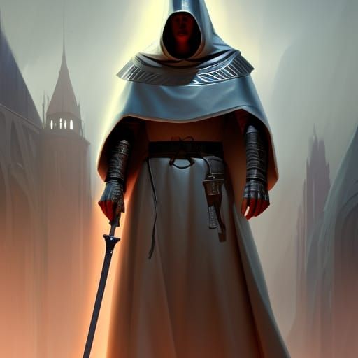 Futuristic Hooded Templar knight with robes over the armor, masterpiece ...