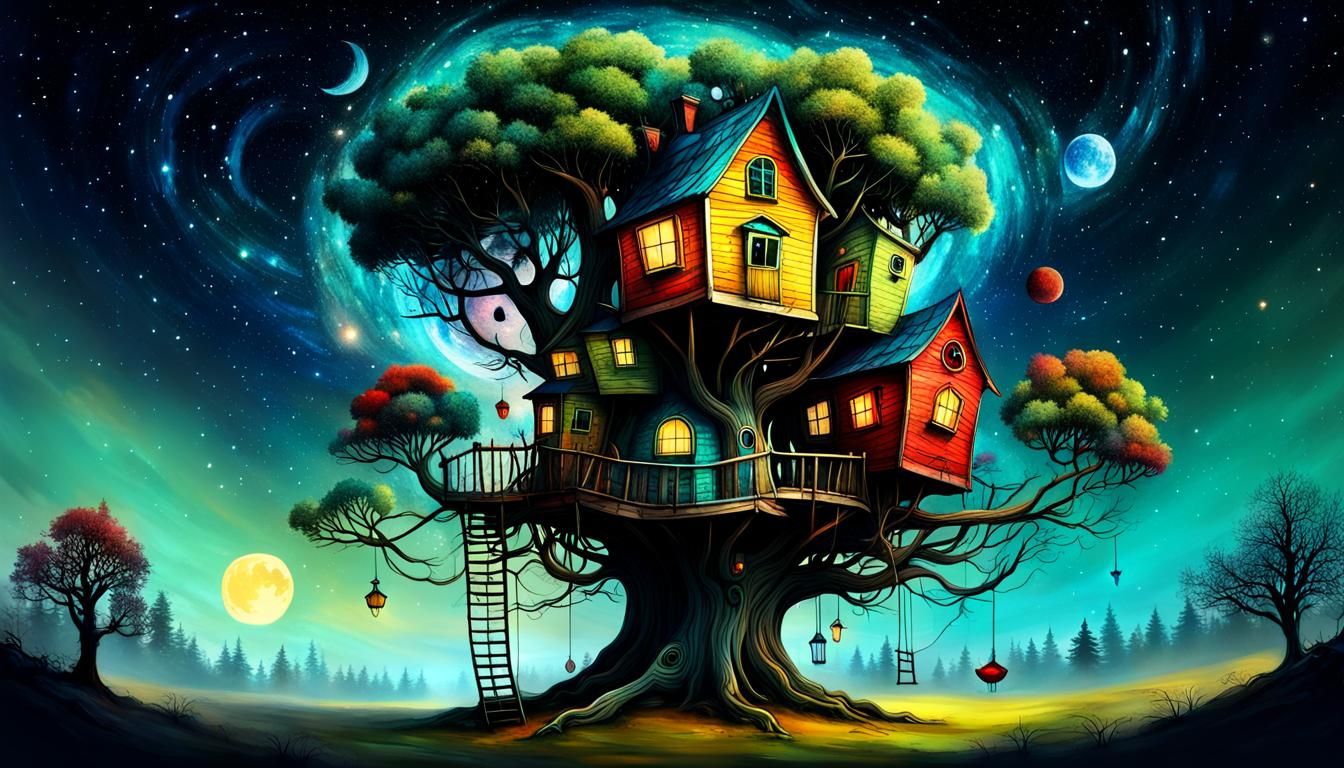Distorted Unbalanced Reality, treehouse, cosmic night, colorful ...
