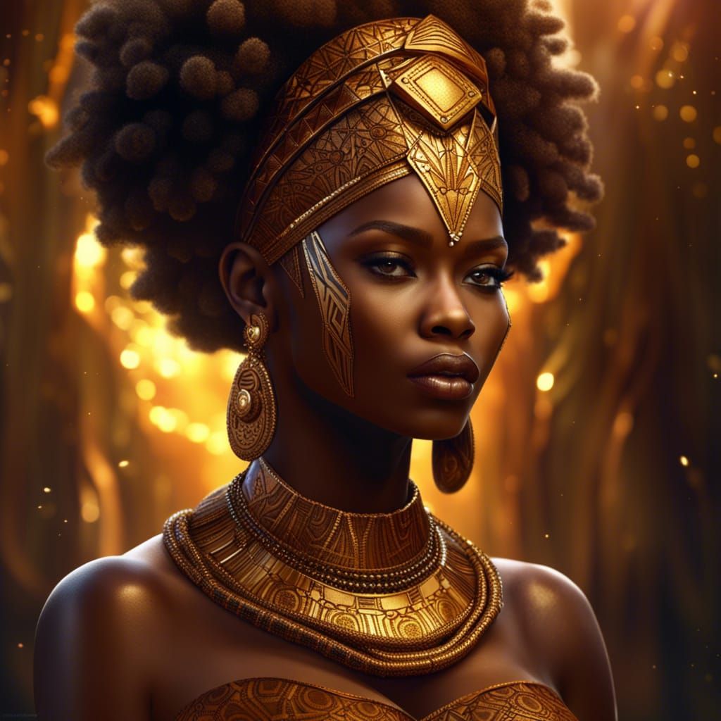 beautiful African queen, wearing golden jewelry, brown smooth skin ...