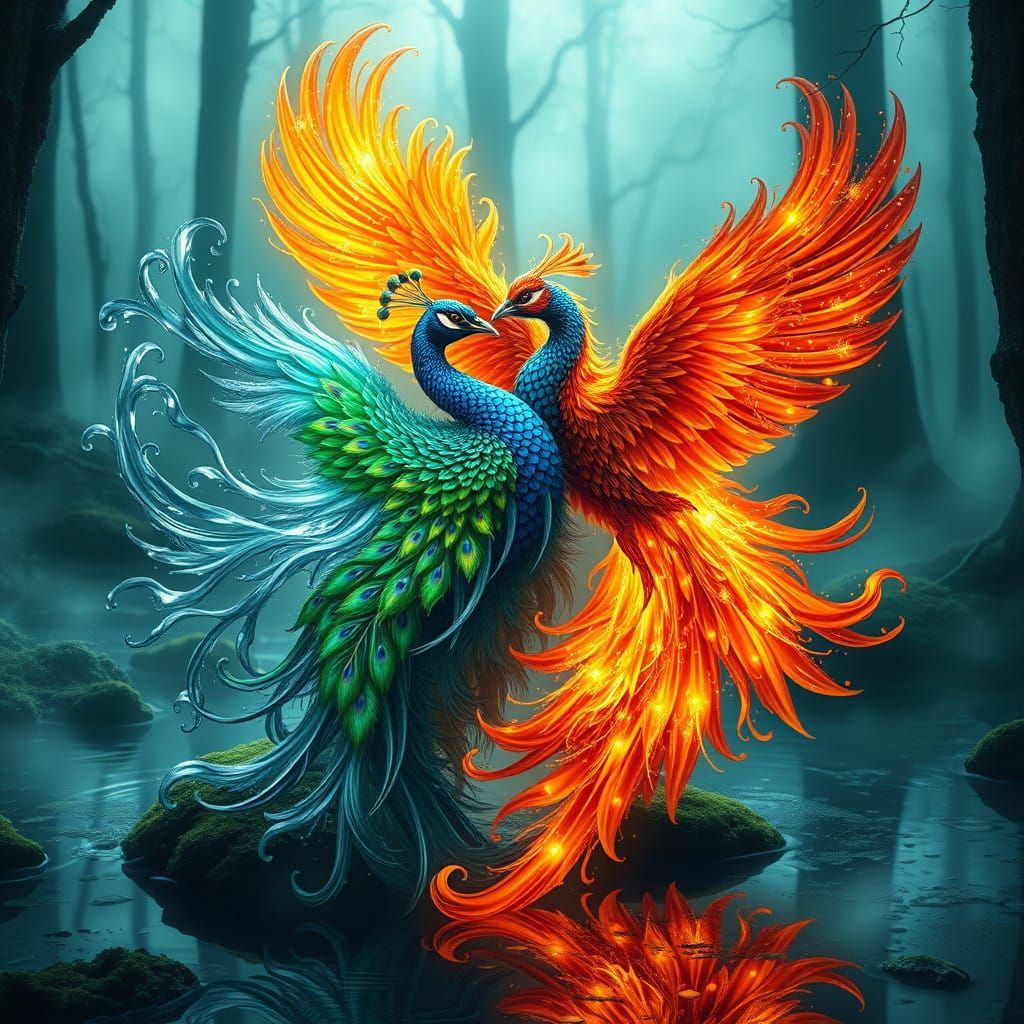 A hyper-realistic image of two birds merging