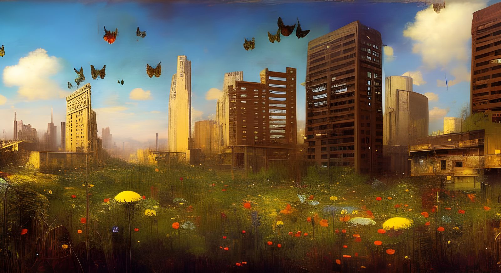 abandoned city skyscrapers steampunk junkyard overrun by wild flowers ...