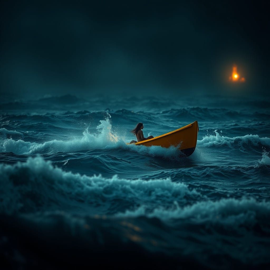 Stormy Night Sea with Lone Female Figure in Yellow... - AI Art
