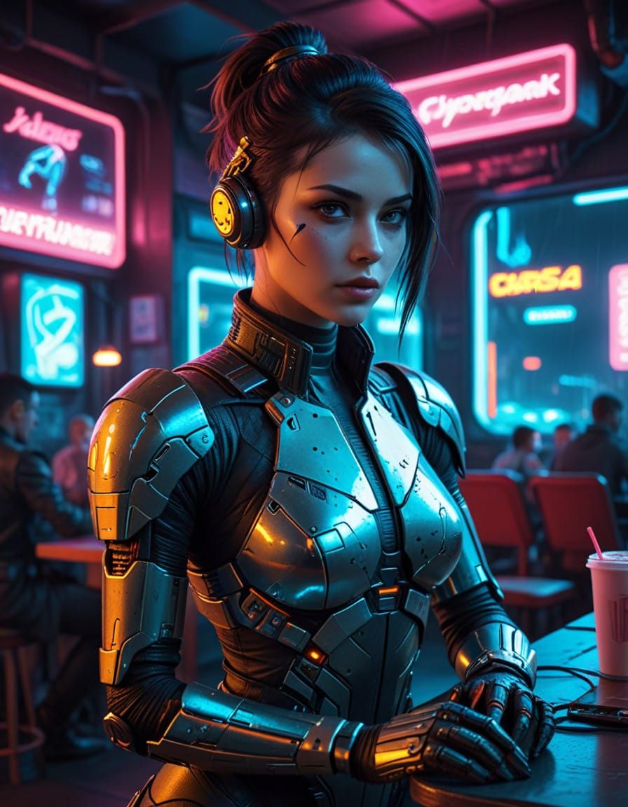 Cyberpunk Cafe Worker - AI Art