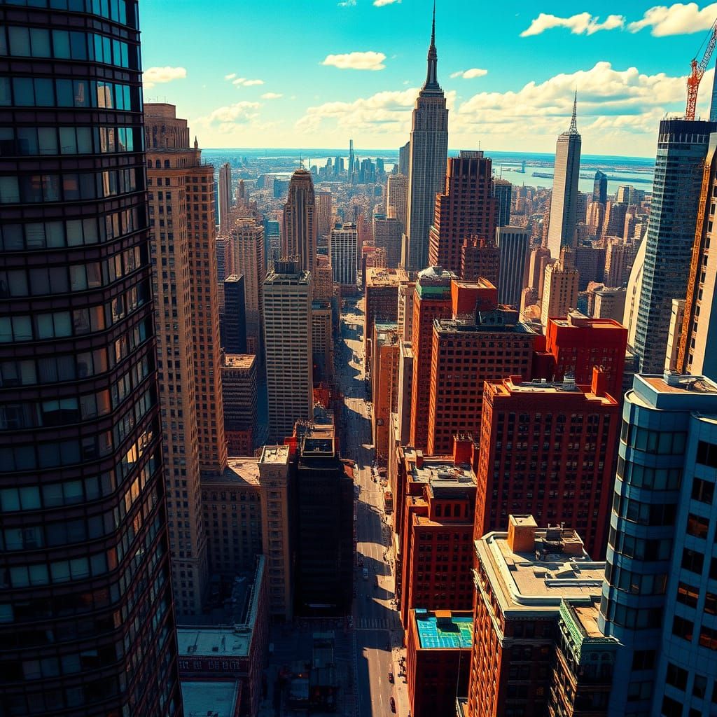 Strikingly realistic wide view of New York City in glossy Kodachrome style