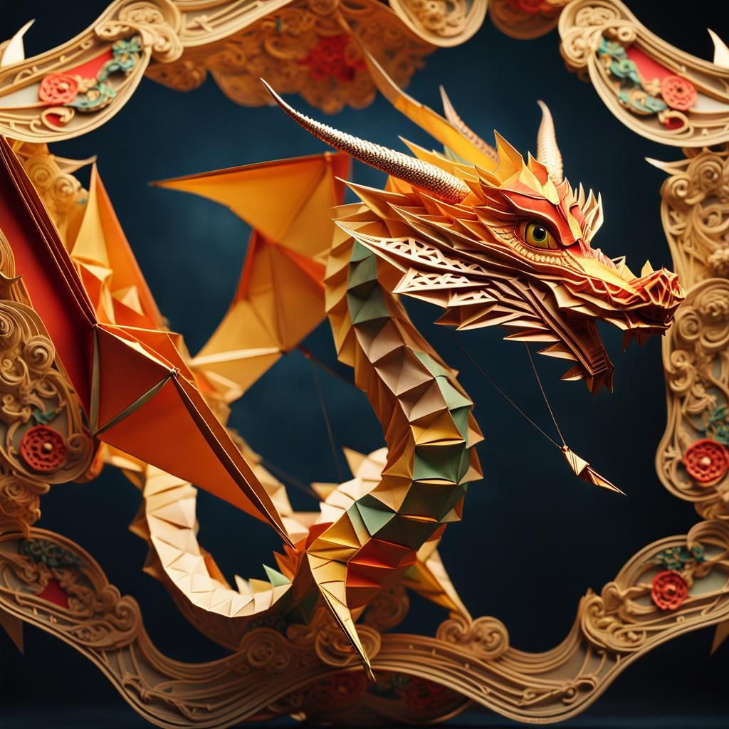 A highly elaborate box kite shaped like a dragon Origami paper folds ...
