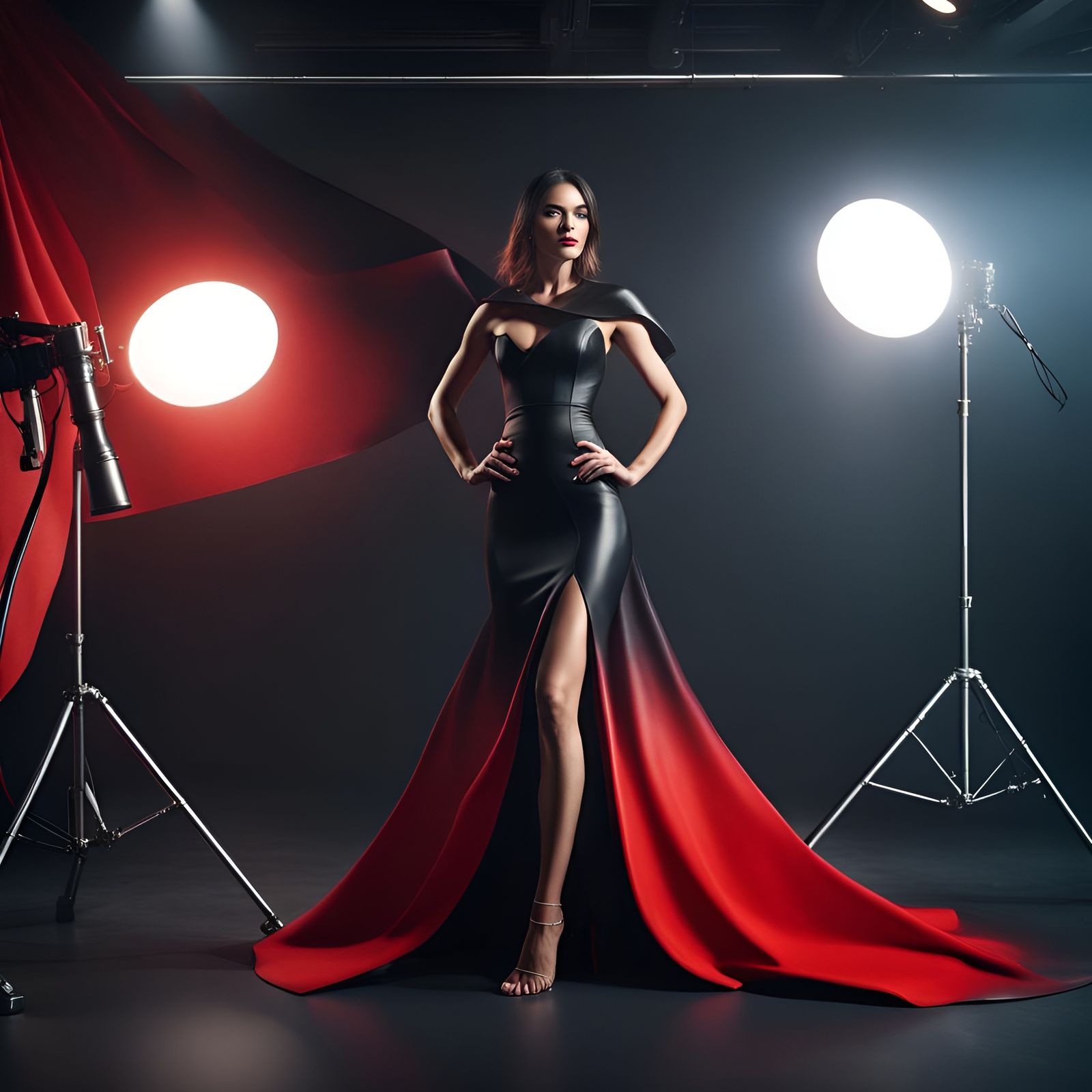 A supermodel in black red leather ombre trumpet gown with cape having a ...