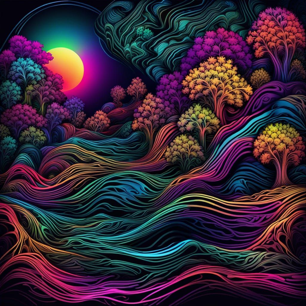 neon sketch nature landscape abstract vector fractal, wave function ...