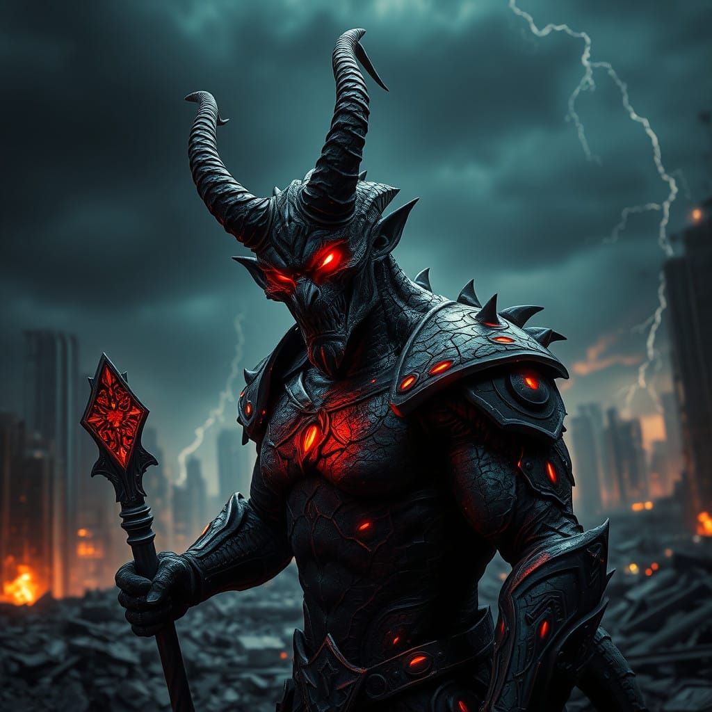 demon in a ruined, post-apocalyptic city, his body covered in dark ...