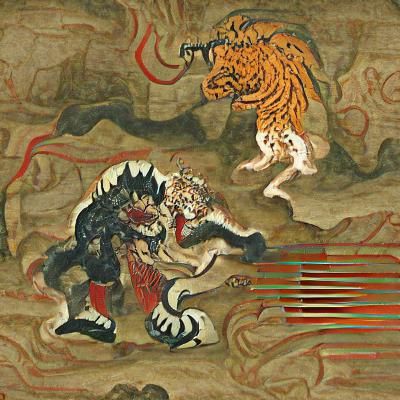 Wolf-god fighting a tiger-demon - AI Generated Artwork - NightCafe Creator