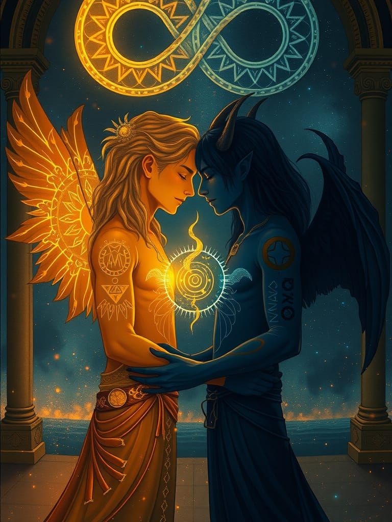 Ethereal Twin Flames Embrace Beneath Cosmic Gatewa... - AI Art