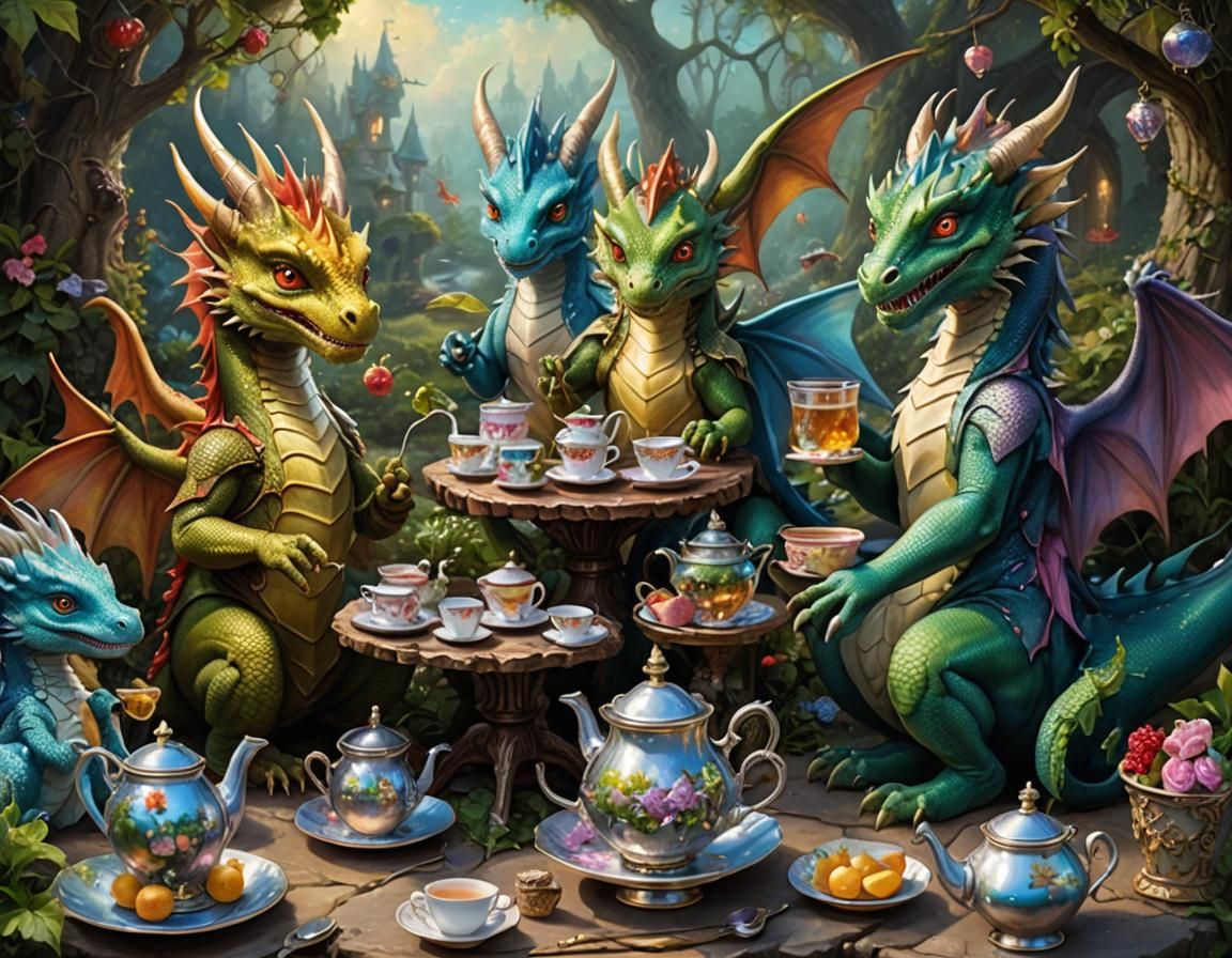 Dragons having a tea party - AI Generated Artwork - NightCafe Creator