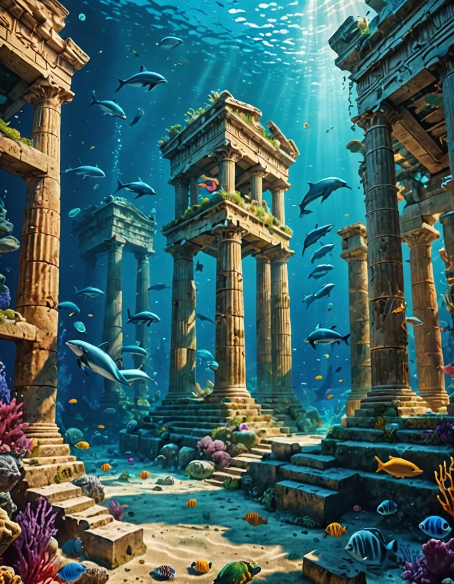 Underwater view of a huge fantastical glowing undersea Ancient greek ...