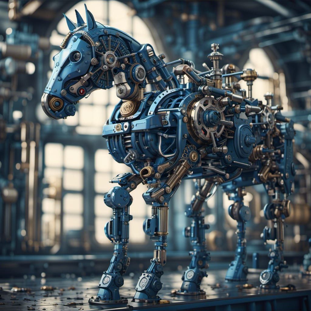 blue mechanical horse farm background steampunk engine intricate mech ...