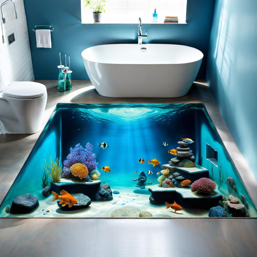 Resined Optical Illusion of an aquarium image on bathroom floor. - AI ...