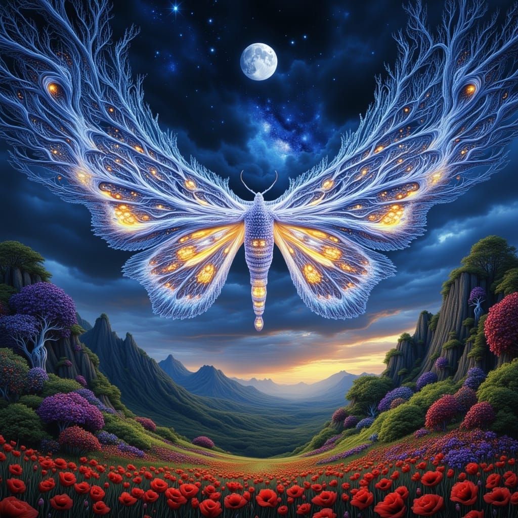 An ethereal landscape where a giant cosmic moth