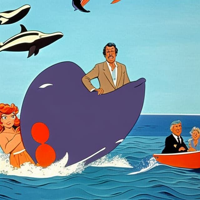 Columbo riding a dolphin over the waves while a whale with Leslie ...