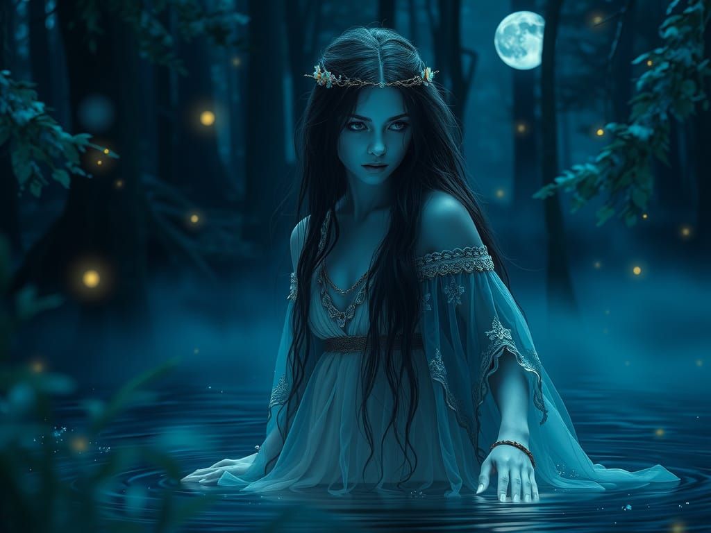 Ethereal Slavic Forest Spirit Mavka in Moonlit Lak... - AI Art