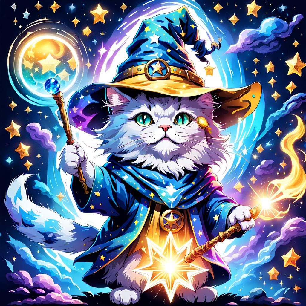 Meowlin. Wizard of the stars. - Fluffy Wizard Cat Casting a ...