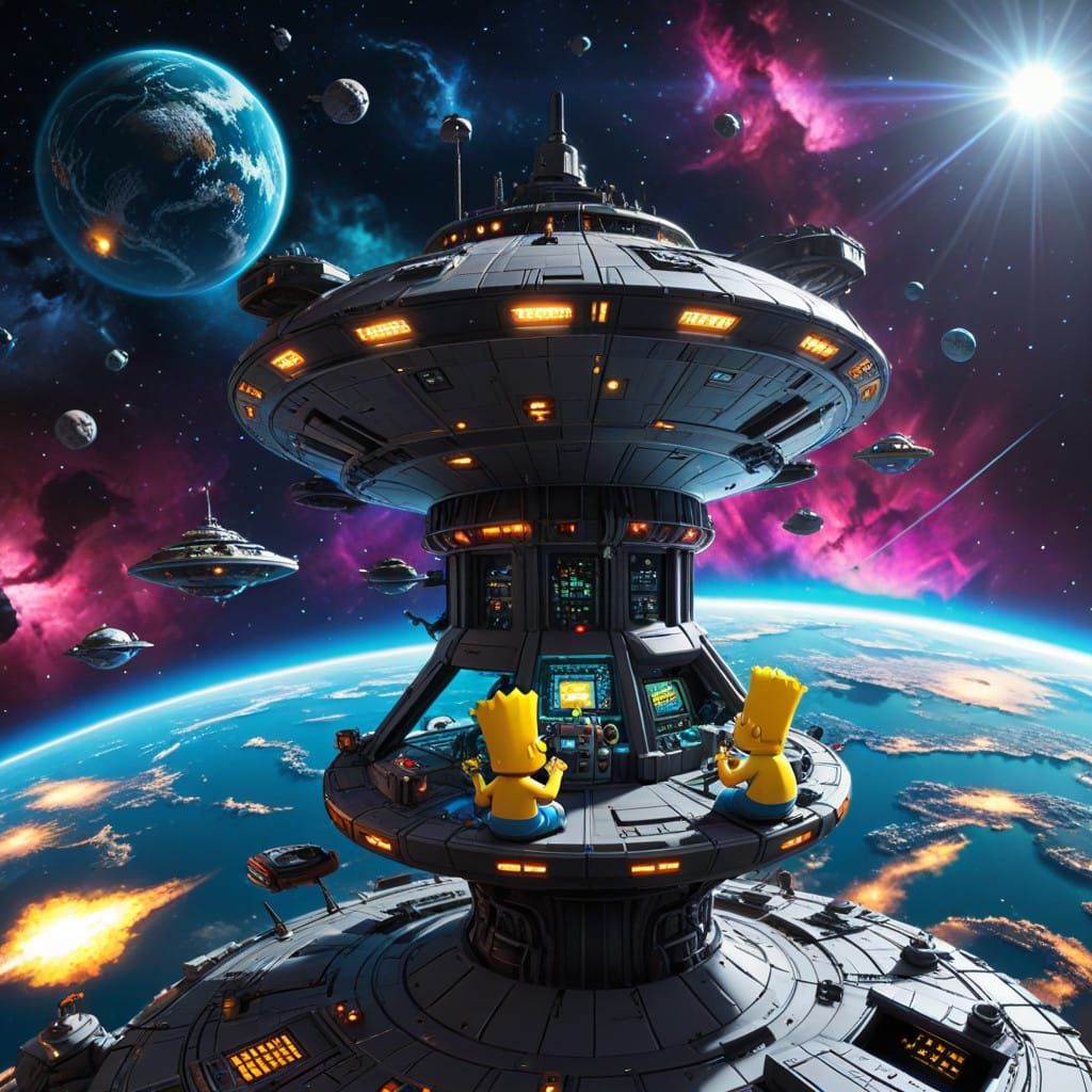 the simpsons looking at a futuristic multi ship docking port in outer ...