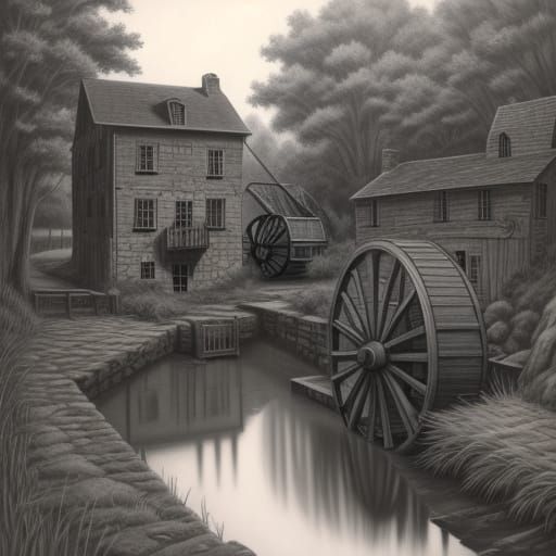 Waterwheel in Abandoned Mill, Charcoal Drawing - AI Art