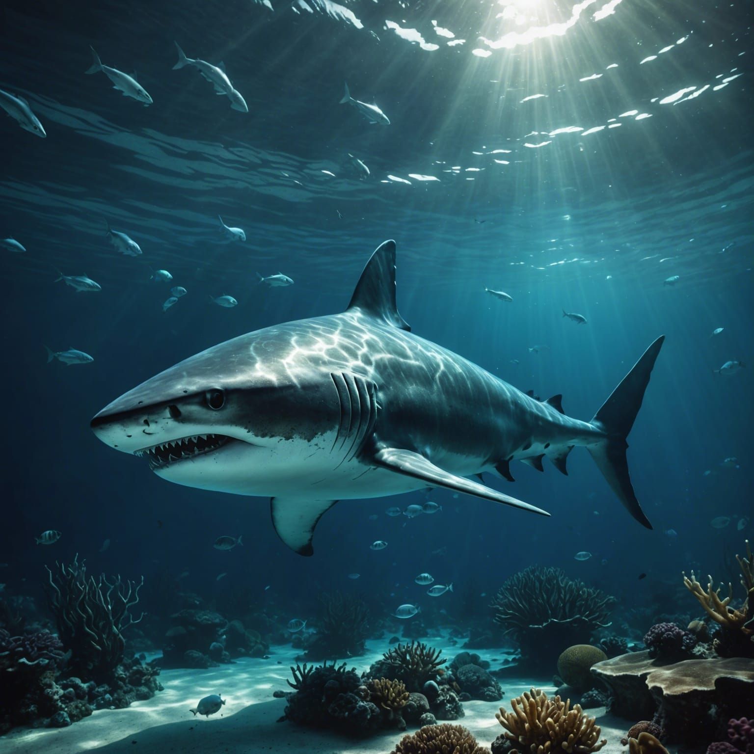 Underwater view of a huge fantastical glowing transparent glass shark ...