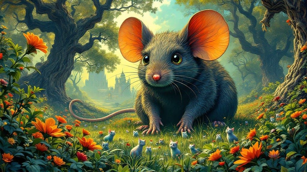 Majestic Giant Mouse Surrounded by Colorful Feline... - AI Art