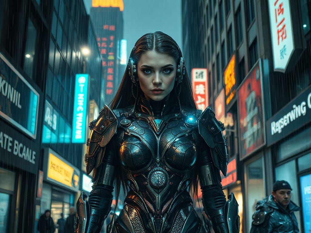 Cyberpunk Goddess in Biotech Armor, Dystopian Metr... - AI Art