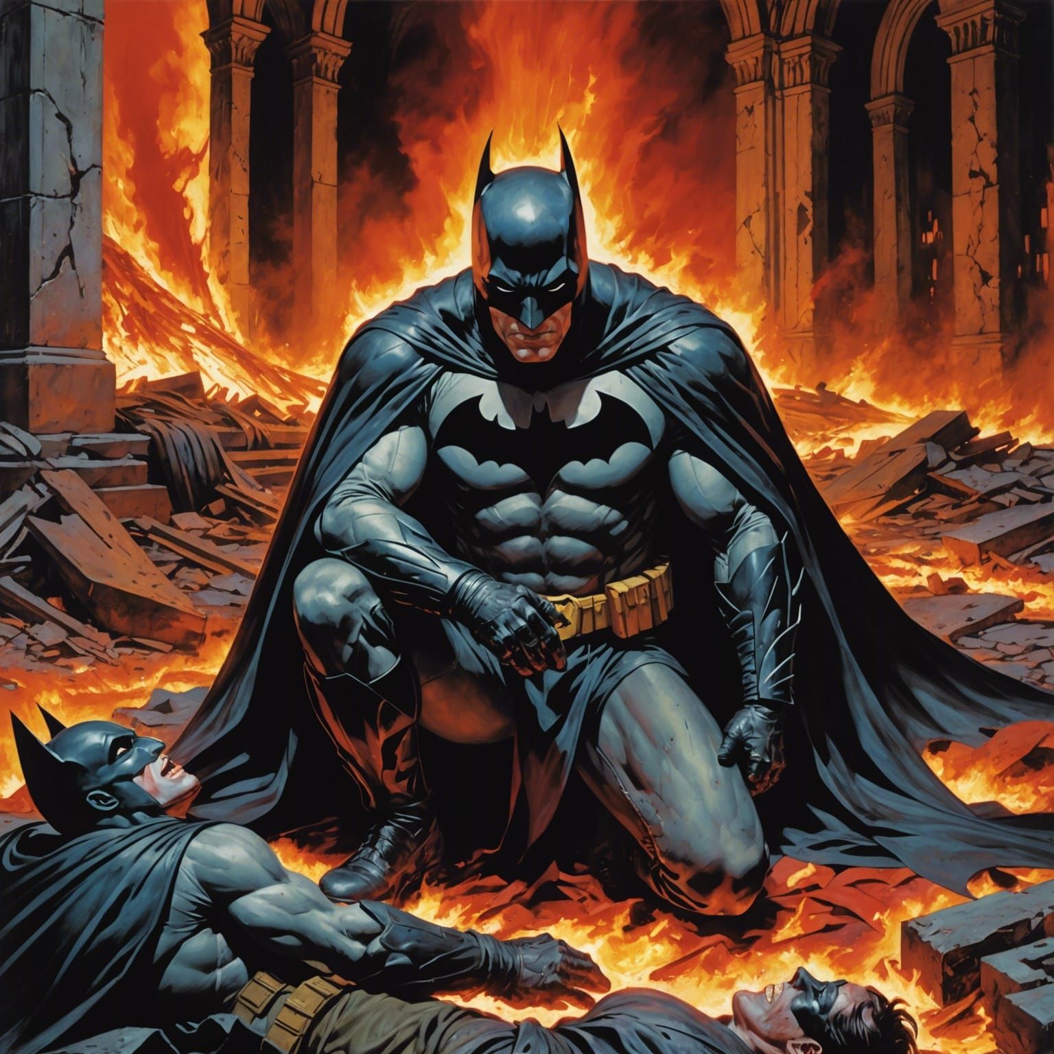 Batman kneeling on the ground in the "La Pieta" pose, in a firey ruin ...