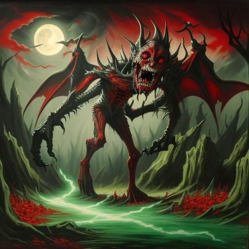 Terrifying shadow vampire, violent, red eyes, sharp teeth. 1800s oil ...