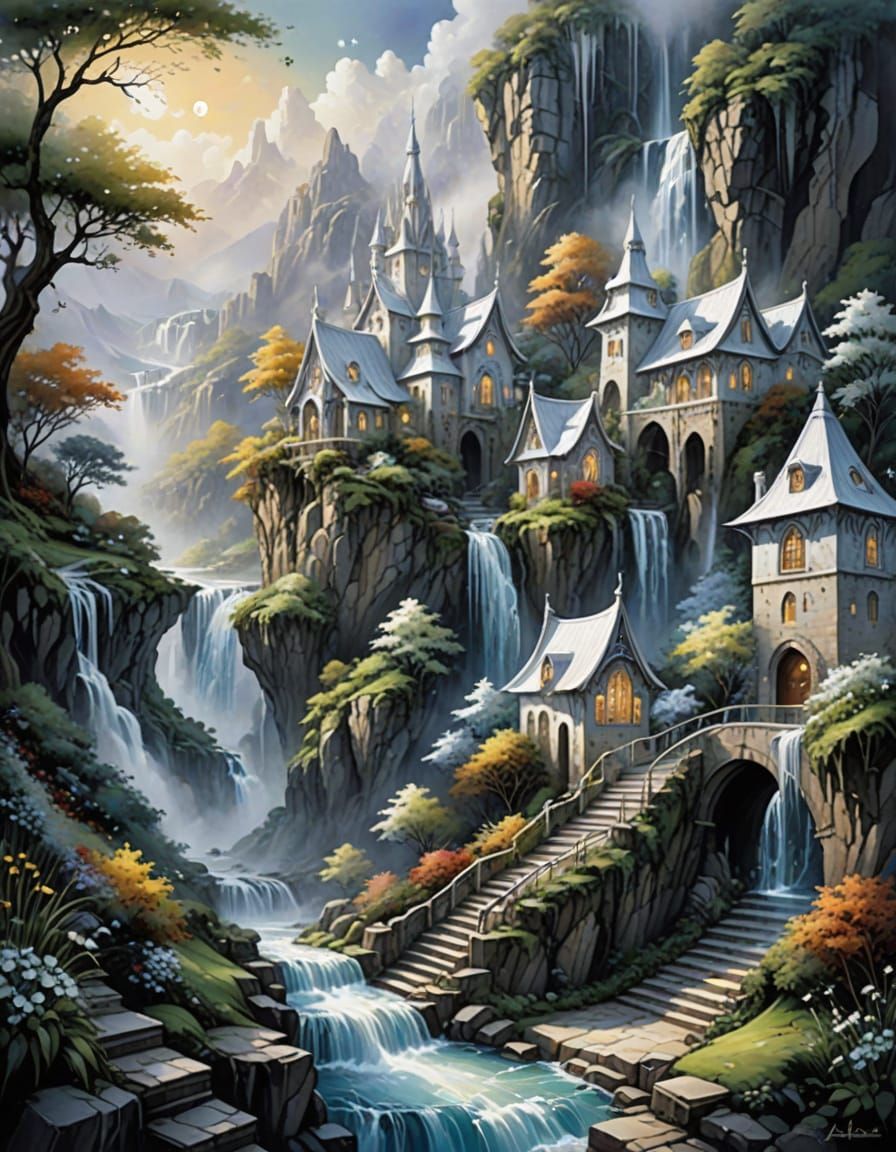 Waterfall Village - Dreamy Pearlized Village by Sparkling Wa...
