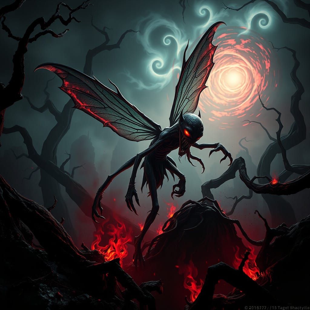 In a realm of dark, surreal horror, a twisted, iridescent fairy with ...