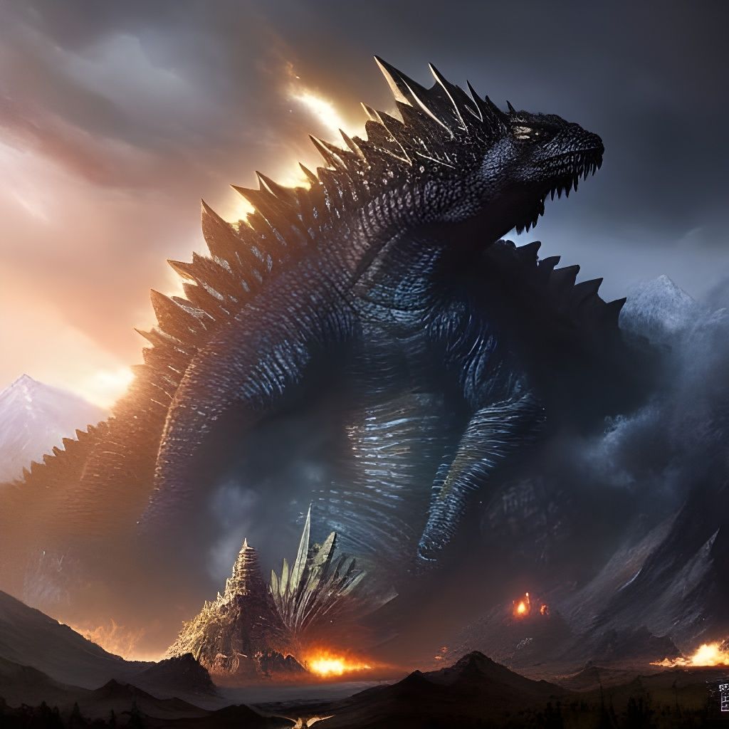 Mountain shaped like Godzilla, tropical forest at base, Tomasz ...