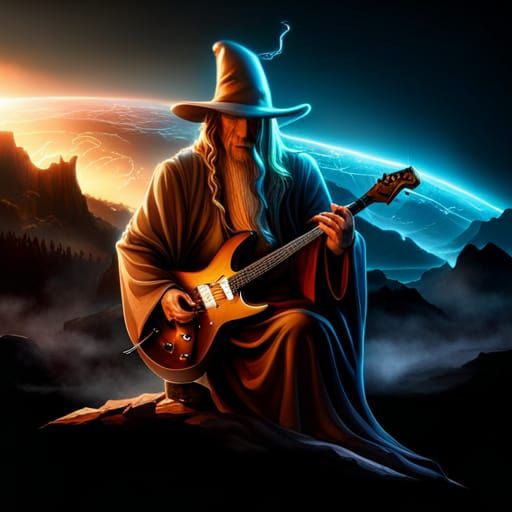 Gandalf playing the electric guitar, smoky, space, foggy effects, super ...