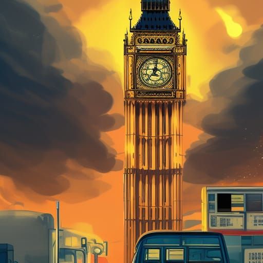 Big Ben - Big Ben Crash Scene in Studio Ghibli Anime Style