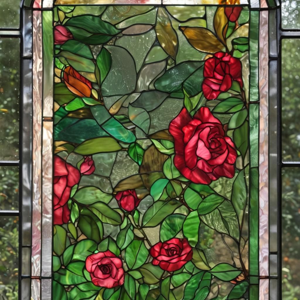 blooming rose bush stained glass, conservatory setting, vintage and ...