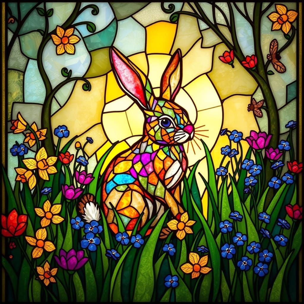 Stained glass rabbit - Vibrant Rabbit in Lush Spring Scene,