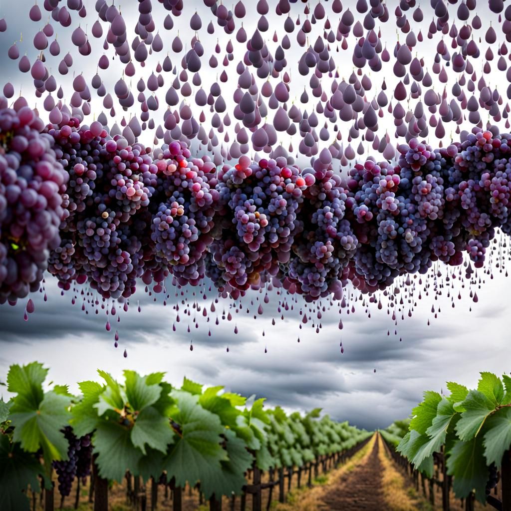 accurate rain clouds releasing thousands of round grapes from the sky ...