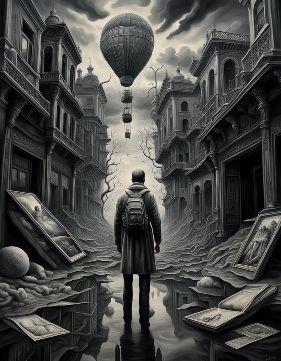 Surrealist painting with grisaille technique of uncertainty and ...
