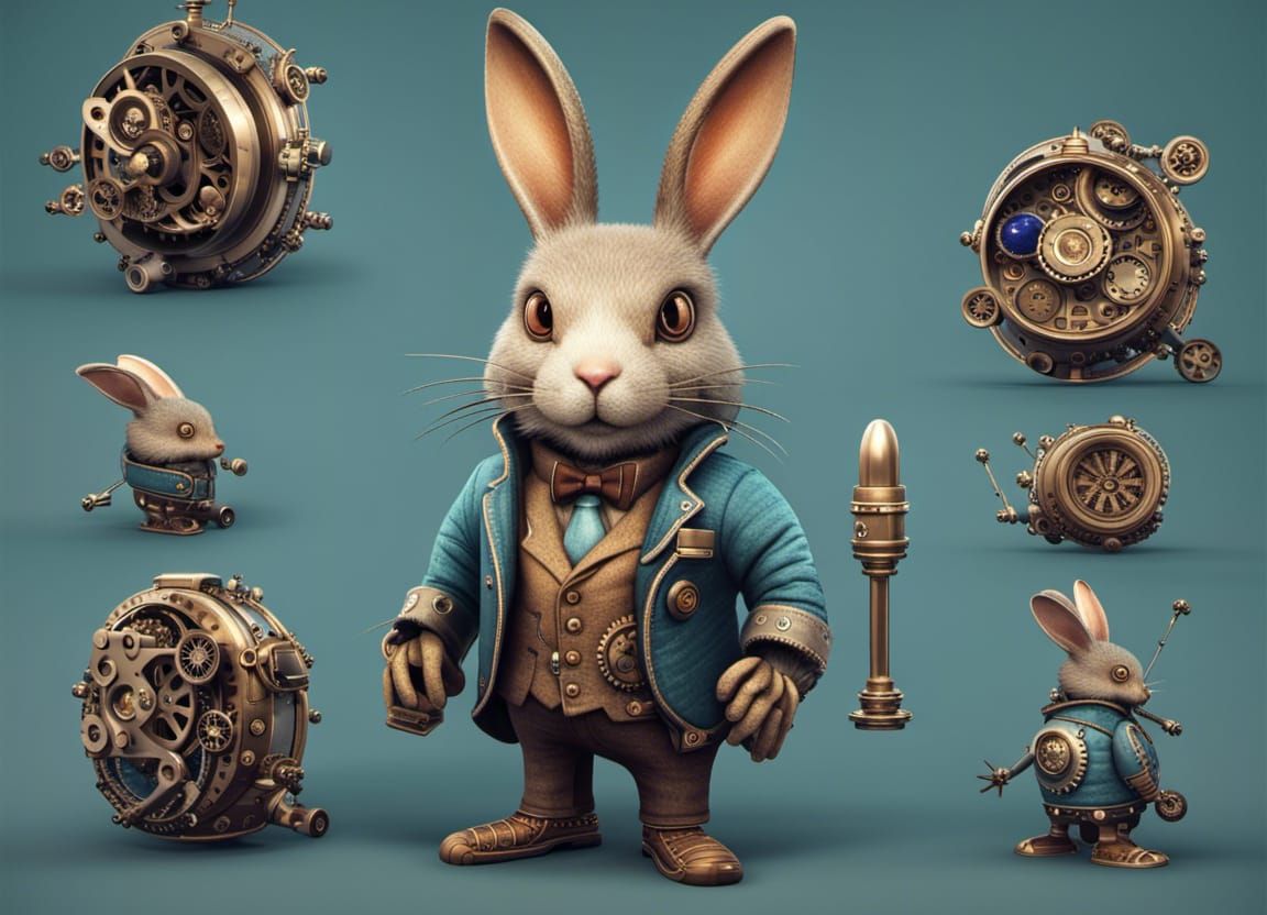 Steampunk rabbit as engineer with his creations - AI Generated Artwork ...