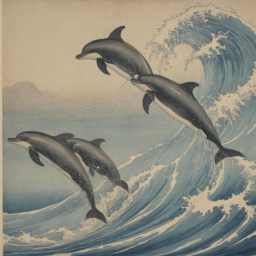 Art by Katsushika Hokusai, graceful depiction, dolphin performing ...