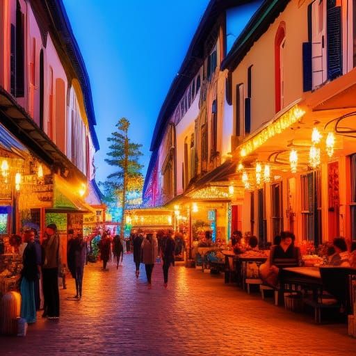 a cozy night cafe, a cafe in a beautiful colorful city at night, people ...