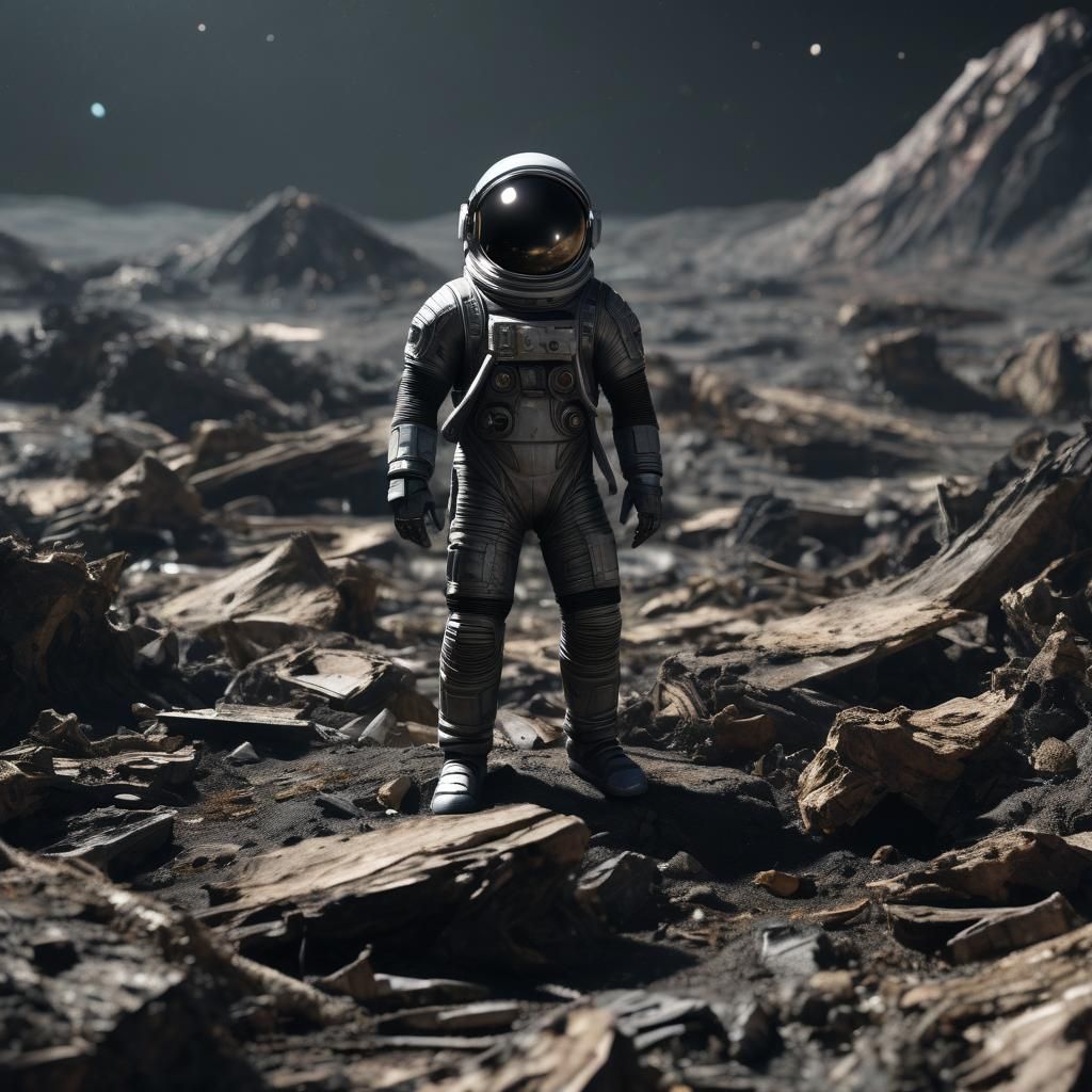 Alien Anthropomorphic Cosmonaut Standing on a piece of debris staring ...