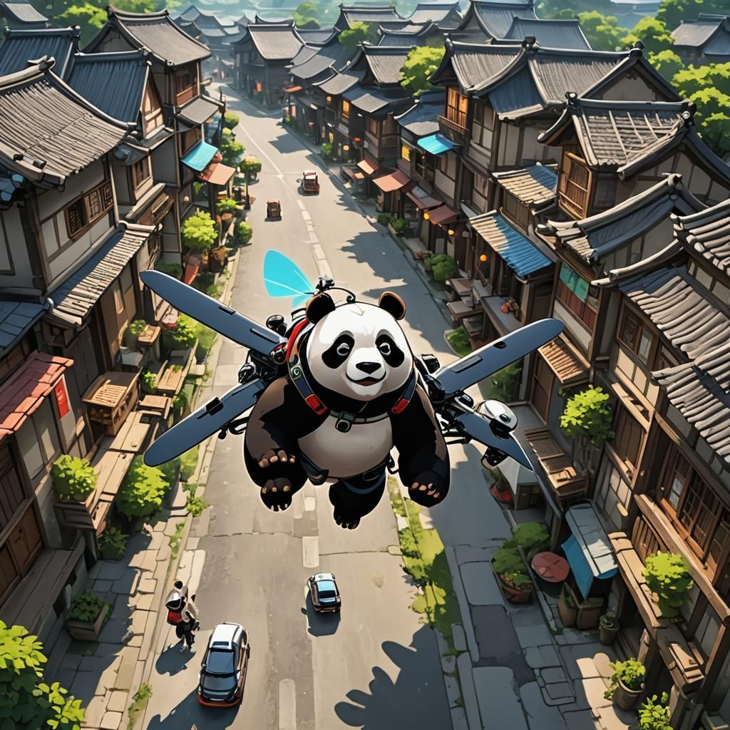 Funny panda fly in village street - AI Generated Artwork - NightCafe ...