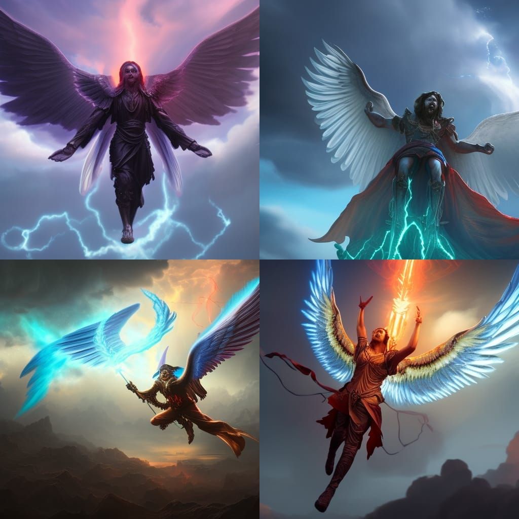 Flying Archangel,Beheaded the Devil,Glowing clouds in the background ...