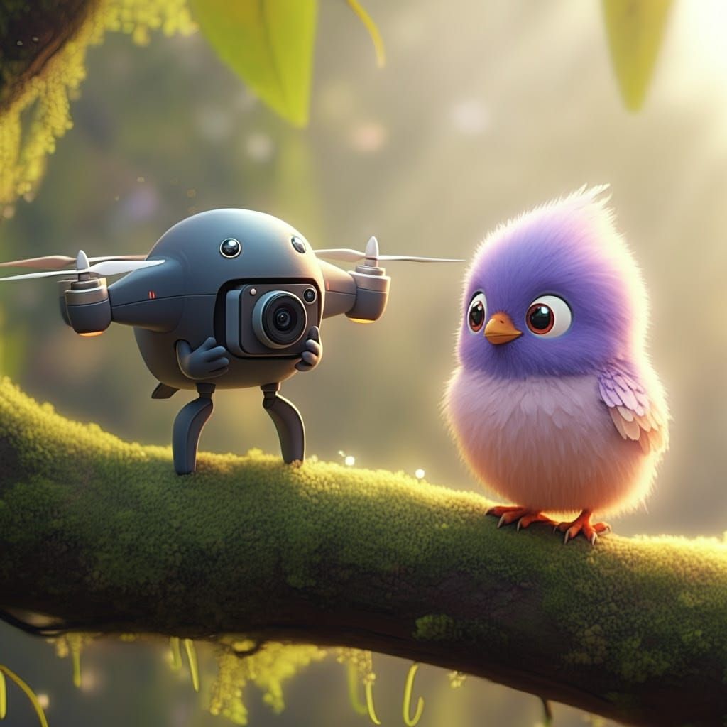 Drone and a bird - Cute Drone Meets Curious Bird in Whimsica...