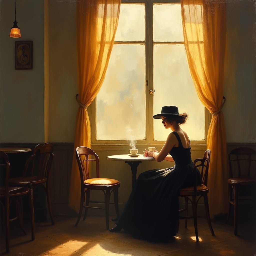 Un café en la mañana. - Vintage Café Serenity in Golden Ligh...