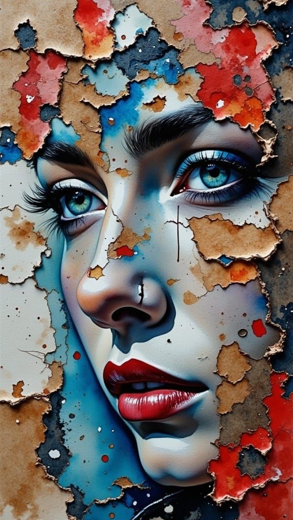 Crumbled, cracked portrait of a woman, layered and torned pieces of paper