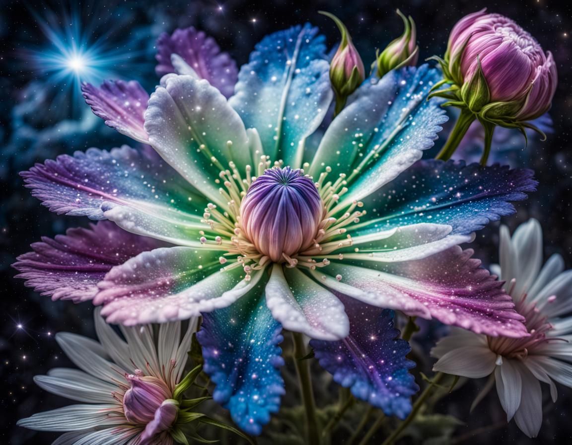 Radiant pearlescent cosmic celestial flowers imbued with stars and ...